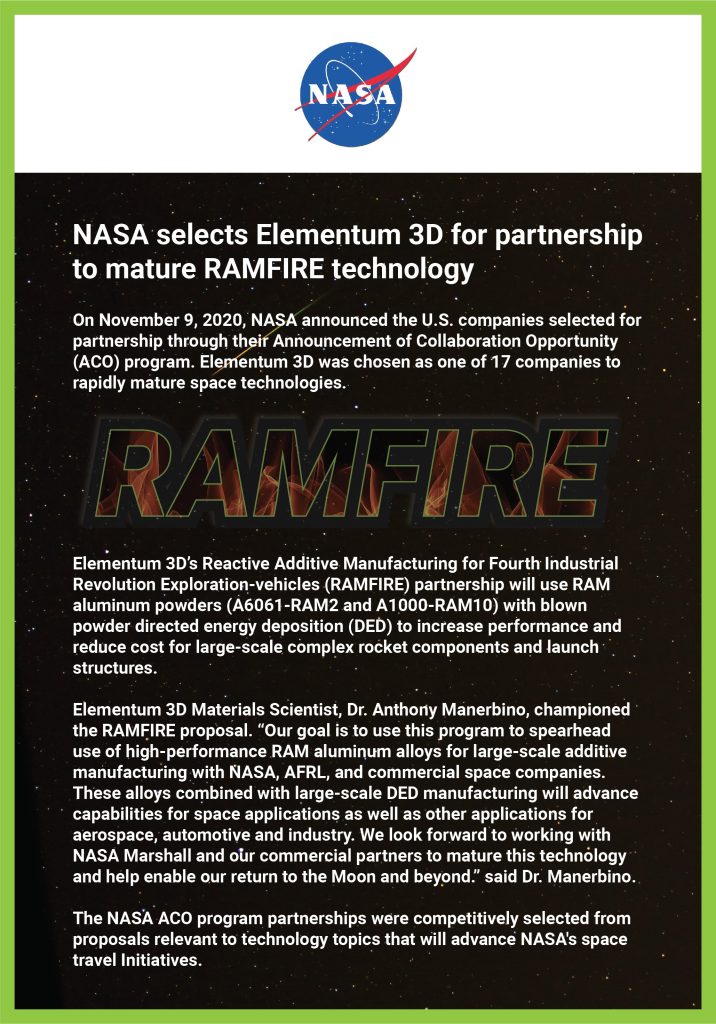 NASA selects Elementum 3D for partnership-Ramfire technology